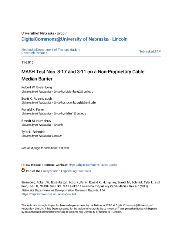 (PDF) MASH test nos. 3-17 and 3-11 on a non-proprietary cable median ...