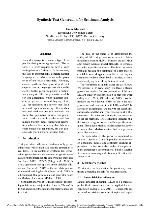(PDF) Synthetic Text Generation for Sentiment Analysis