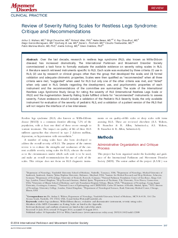 (PDF) Review of Severity Rating Scales for Restless Legs Syndrome ...
