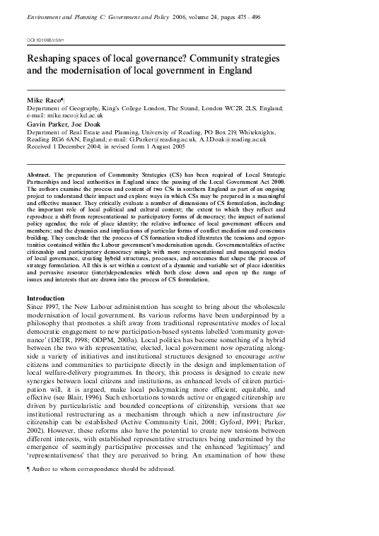 (PDF) Reshaping Spaces of Local Governance? Community Strategies and ...