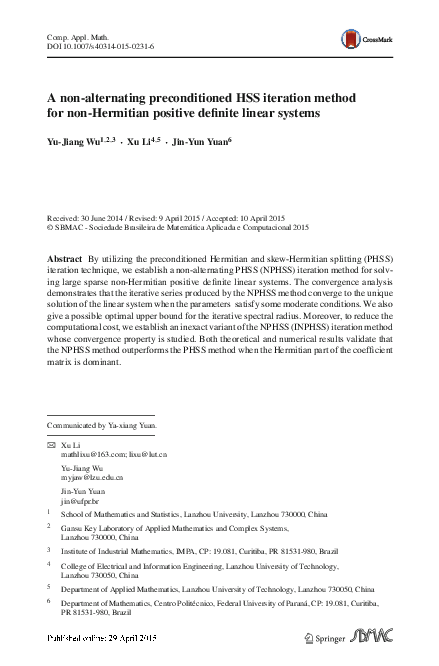 (PDF) A non-alternating preconditioned HSS iteration method for non-Hermitian positive definite ...