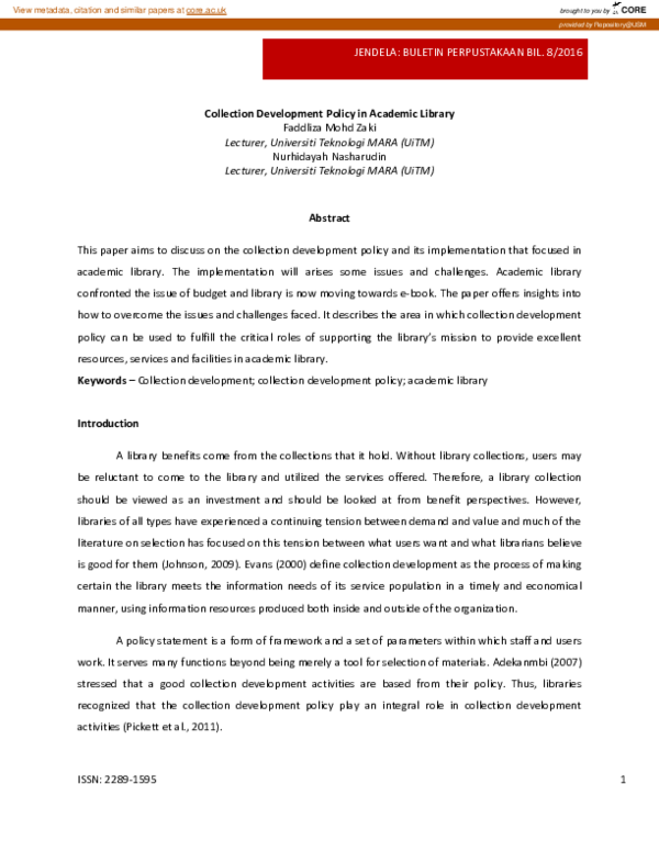 (PDF) Collection Development Policy in Academic Library | NURHIDAYAH NASHARUDIN - Academia.edu