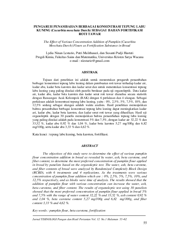 (PDF) PENGARUH PENAMBAHAN BERBAGAI KONSENTRASI TEPUNG LABU KUNING (Cucurbita moschata Durch ...