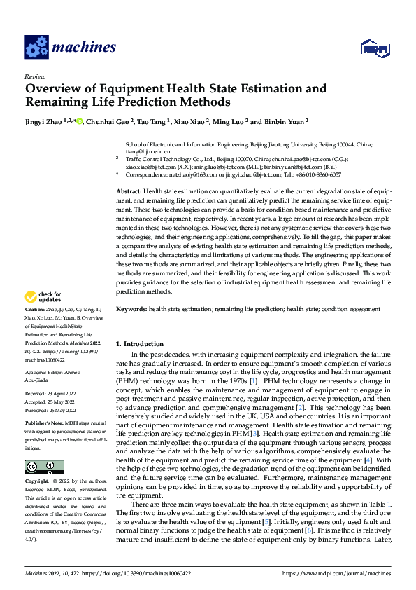 Pdf Overview Of Equipment Health State Estimation And Remaining Life