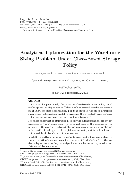 (PDF) Analytical Optimization for the Warehouse Sizing Problem Under Class-Based Storage Policy