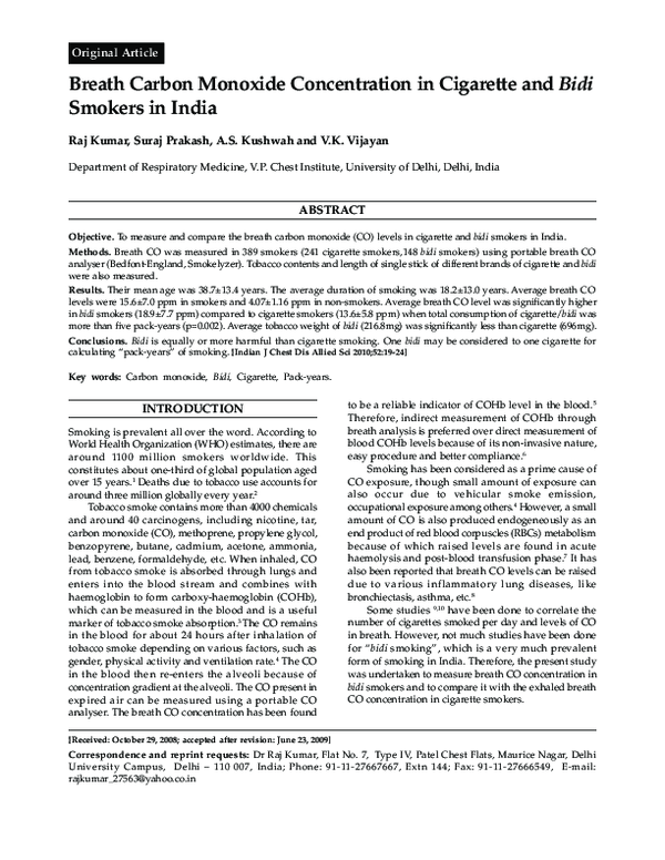 (PDF) Breath carbon monoxide concentration in cigarette and bidi ...