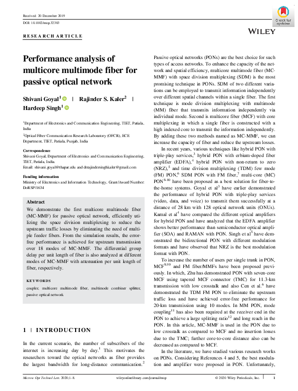 (PDF) Performance analysis of multicore multimode fiber for passive optical network