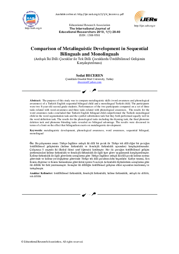 (PDF) Comparison of Metalinguistic Development in Sequential Bilinguals ...