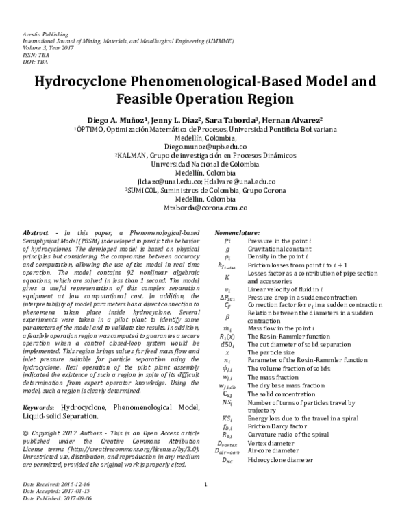 (PDF) Hydrocyclone Phenomenological-Based Model and Feasible Operation Region | Diego Alexander ...