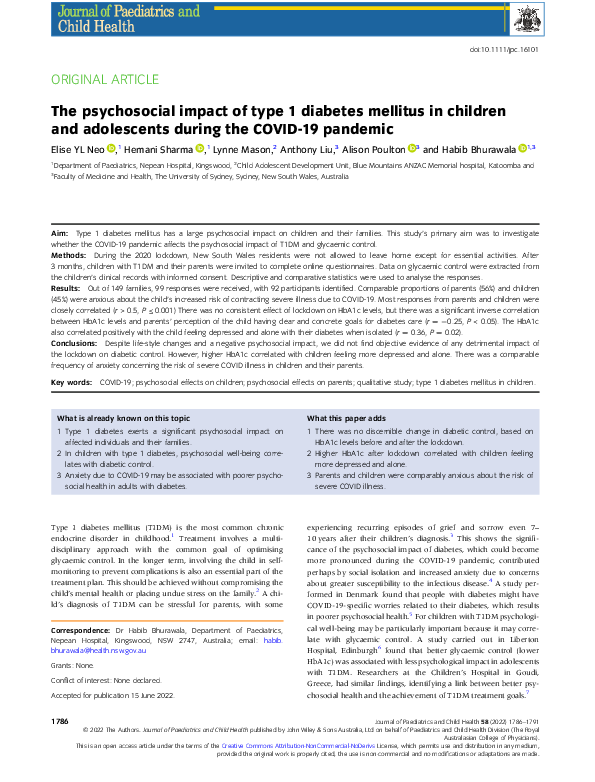 (PDF) The Psychosocial Impact of Type 1 Diabetes Mellitus in Children ...