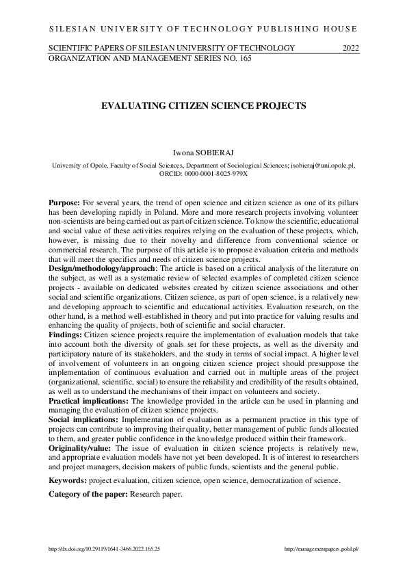 (PDF) EVALUATING CITIZEN SCIENCE PROJECTS