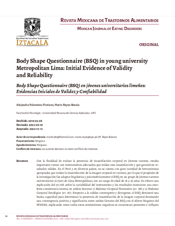 (PDF) Body Shape Questionnaire (BSQ) in young university Metropolitan Lima: Initial Evidence of ...