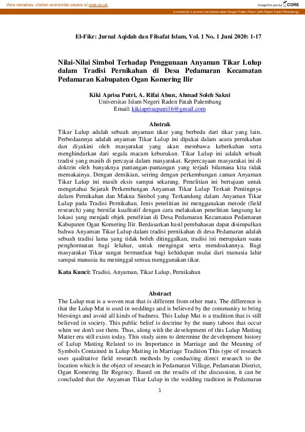 (PDF) Nilai-Nilai Simbol Terhadap Penggunaan Anyaman Tikar Lulup dalam ...