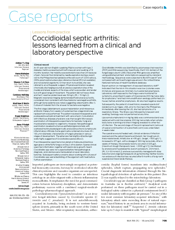 (PDF) Coccidioidal septic arthritis: lessons learned from a clinical ...