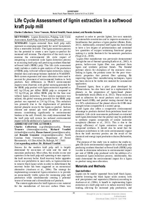 (PDF) Life Cycle Assessment of lignin extraction in a softwood kraft ...