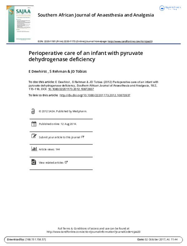(PDF) Perioperative care of an infant with pyruvate dehydrogenase ...