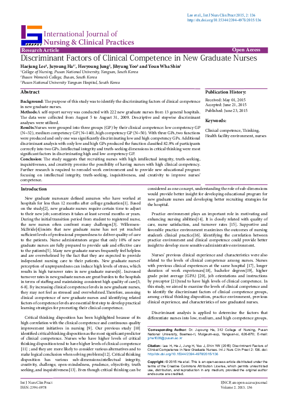 (PDF) Discriminant Factors of Clinical Competence in New Graduate Nurses