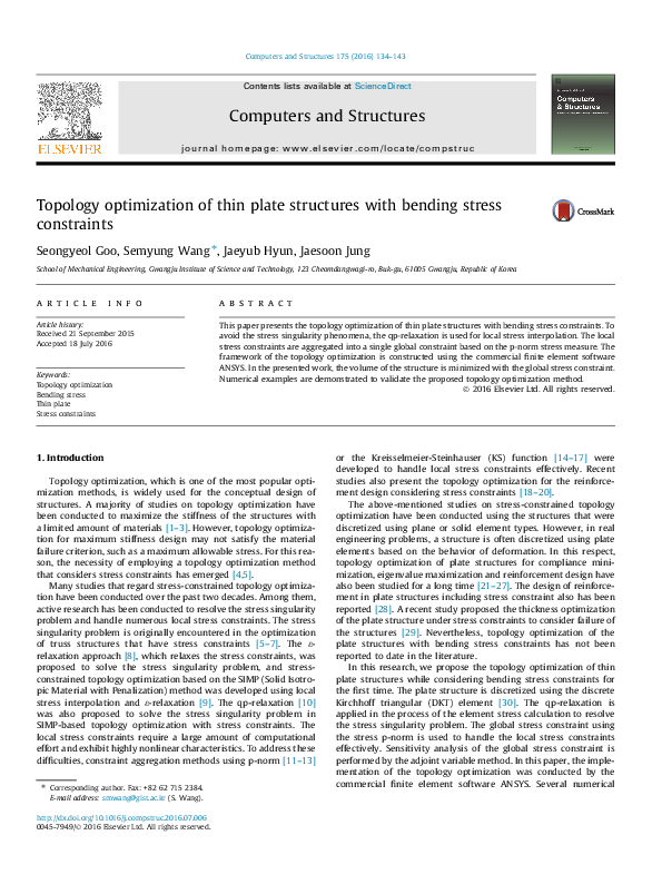 Pdf Topology Optimization Of Thin Plate Structures With Bending Stress Constraints