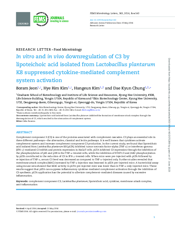 (PDF) In vitro and in vivo downregulation of C3 by lipoteichoic acid isolated from Lactobacillus ...