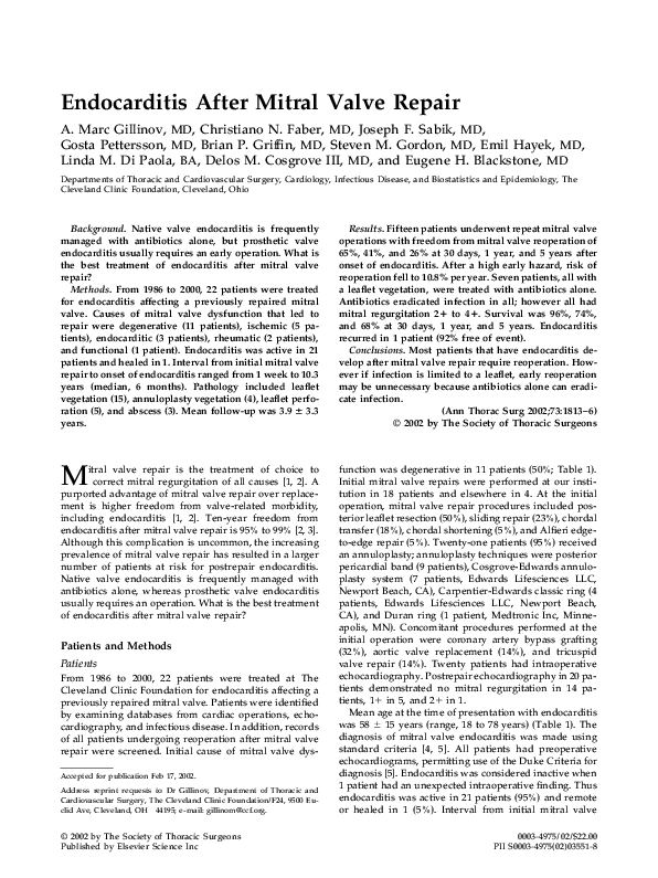 (PDF) Endocarditis after mitral valve repair
