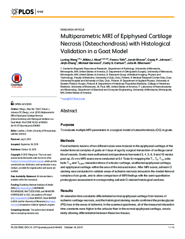(PDF) Multiparametric MRI of Epiphyseal Cartilage Necrosis (Osteochondrosis) with Histological ...