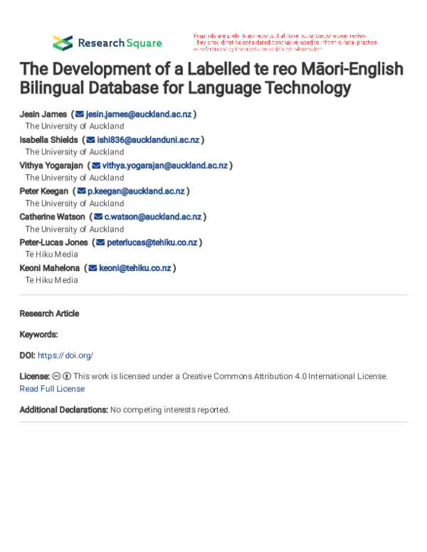 (PDF) The Development of a Labelled te reo Māori-English Bilingual Database for Language Technology
