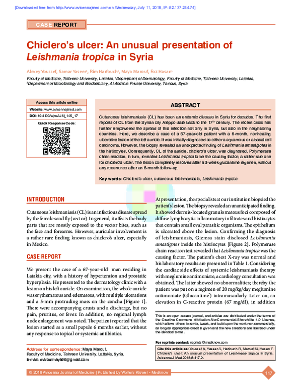 (PDF) Chiclero's ulcer: An unusual presentation of Leishmania tropica ...