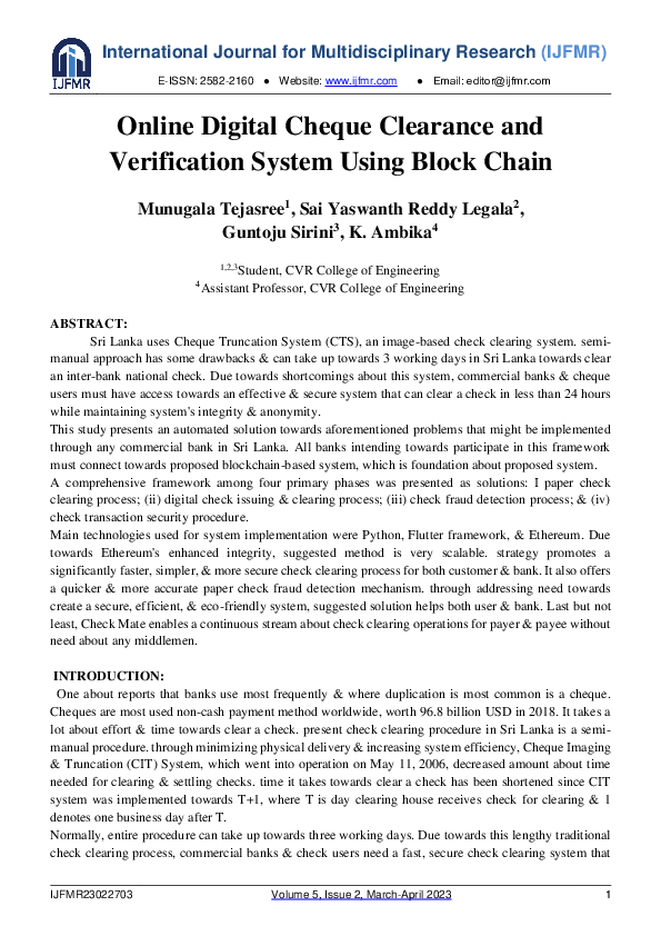 (PDF) Online Digital Cheque Clearance and Verification System using ...