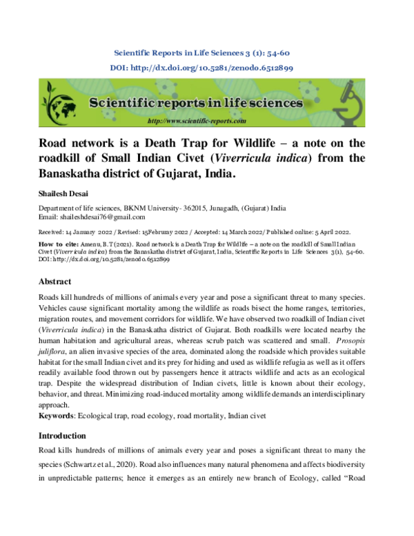 (PDF) Impact of Roads on Indian Civet Roadkill