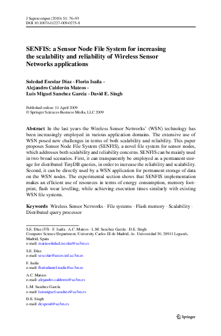 (PDF) SENFIS: a Sensor Node File System for increasing the scalability and reliability of ...