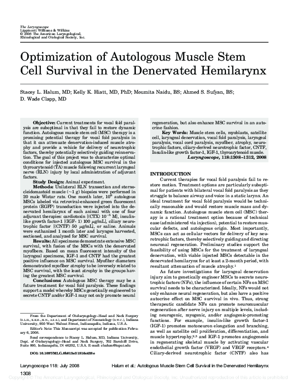 (PDF) Optimization of Autologous Muscle Stem Cell Survival in the Denervated Hemilarynx