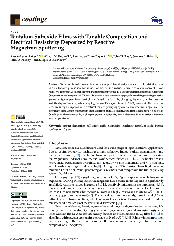 (PDF) Tantalum Suboxide Films with Tunable Composition and Electrical ...