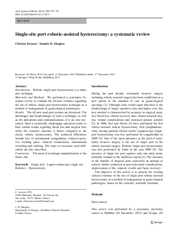 (PDF) Single-site port robotic-assisted hysterectomy: a systematic review
