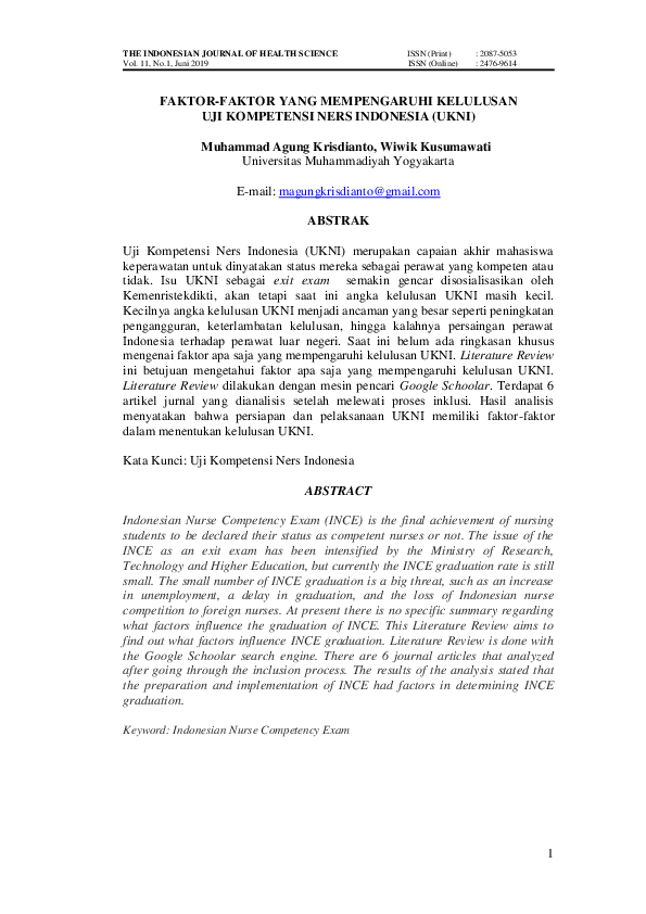 (PDF) Faktor-Faktor Yang Mempengaruhi Kelulusan Uji Kompetensi Ners Indonesia (Ukni)