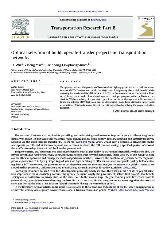 (PDF) Optimal selection of build–operate-transfer projects on ...