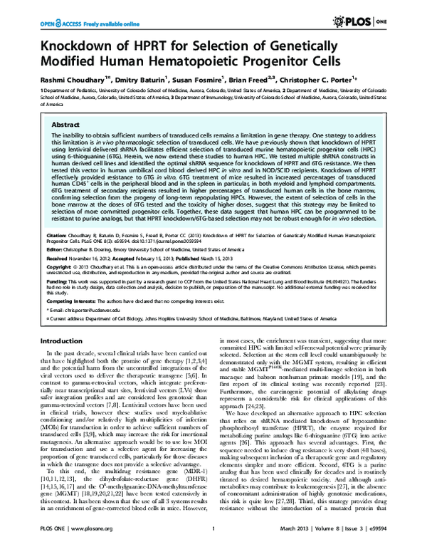 (PDF) Knockdown of HPRT for Selection of Genetically Modified Human ...