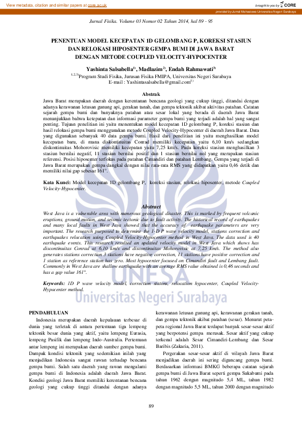 (PDF) Penentuan Model Kecepatan 1D Gelombang P, Koreksi Stasiundan Relokasi Hiposenter Gempa ...