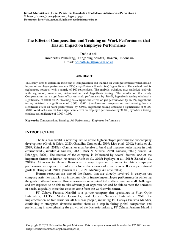 (PDF) The Effect of Compensation and Training on Work Performance that Has an Impact on Employee ...
