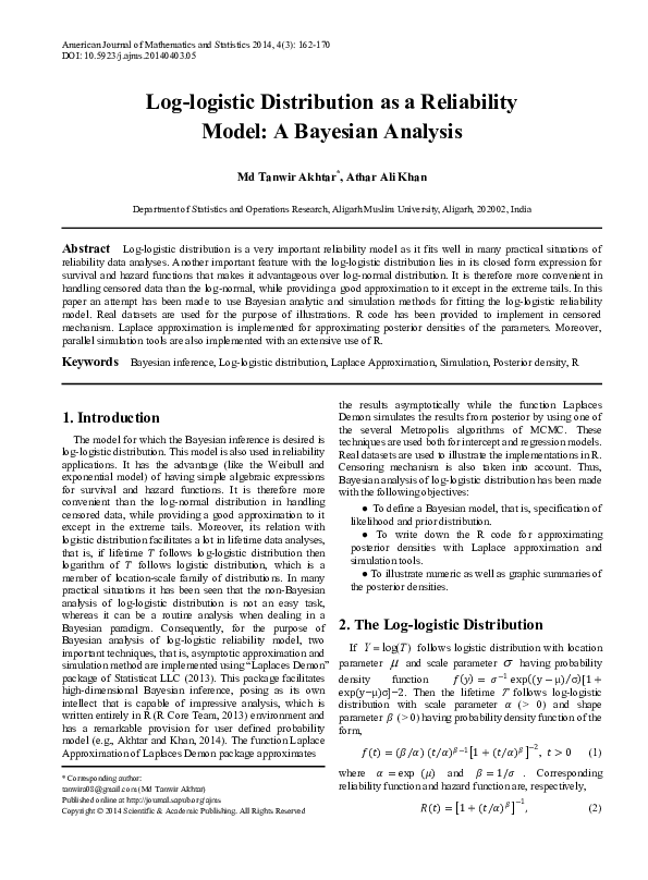 (PDF) Log-logistic Distribution as a Reliability Model: A Bayesian Analysis | Athar Khan ...