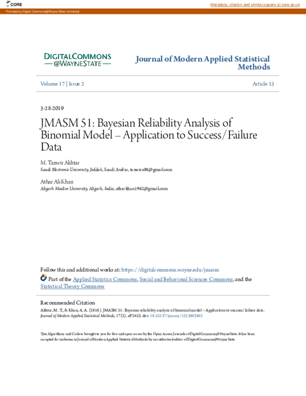 (PDF) JMASM 51: Bayesian Reliability Analysis of Binomial Model – Application to Success/Failure ...