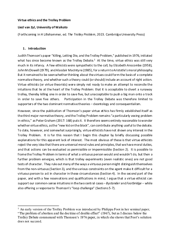 (PDF) Virtue ethics and the trolley problem