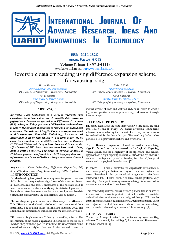 Pdf Reversible Data Embedding Using Difference Expansion Scheme For 1687