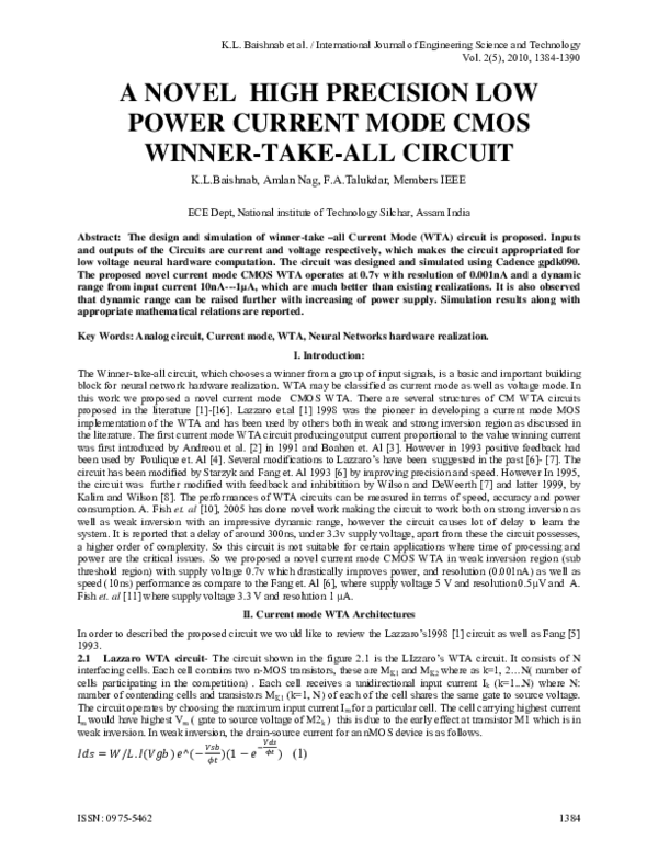 (PDF) A Novel High Precision Low Power Current Mode Cmos Winner-Take-All Circuit | Krishna ...