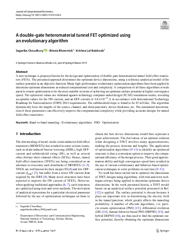 Pdf A Double Gate Heteromaterial Tunnel Fet Optimized Using An Evolutionary Algorithm