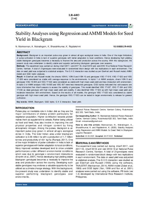 (PDF) Stability Analyses using Regression and AMMI Models for Seed Yield in Blackgram