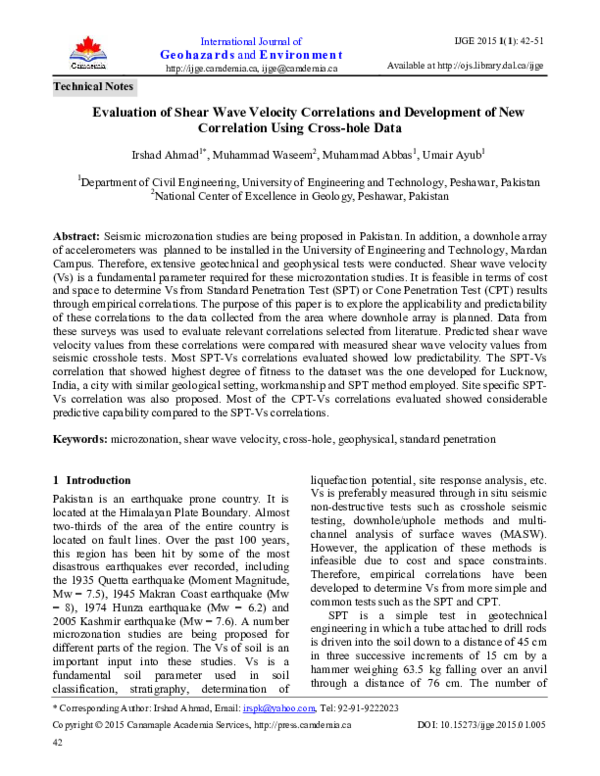 (PDF) Evaluation of Shear Wave Velocity Correlations and Development of New Correlation Using ...