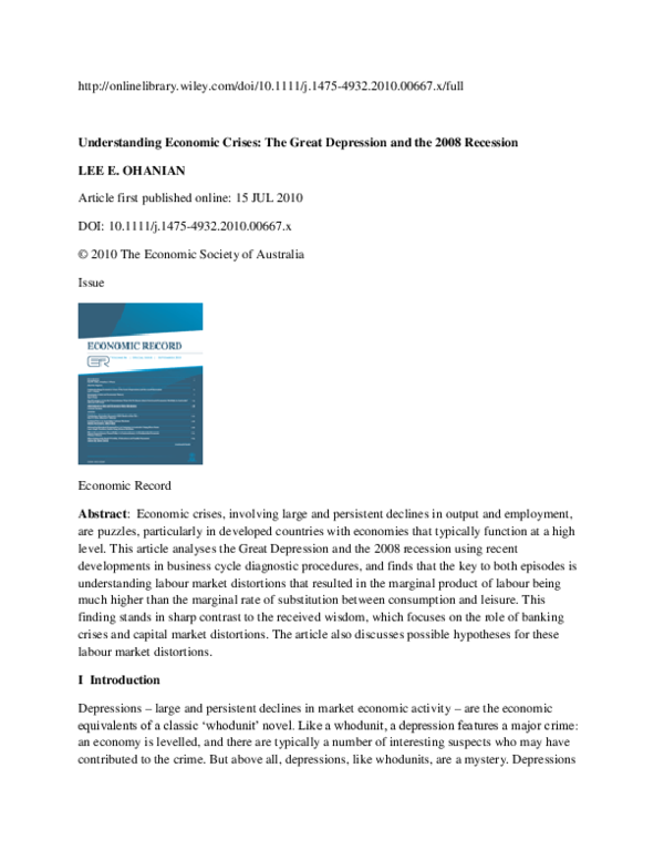 (PDF) Understanding Economic Crises: The Great Depression and the 2008 ...