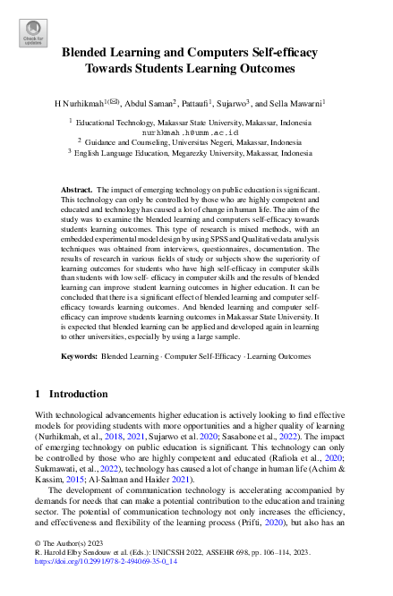(PDF) Blended Learning and Computers Self-efficacy Towards Students Learning Outcomes