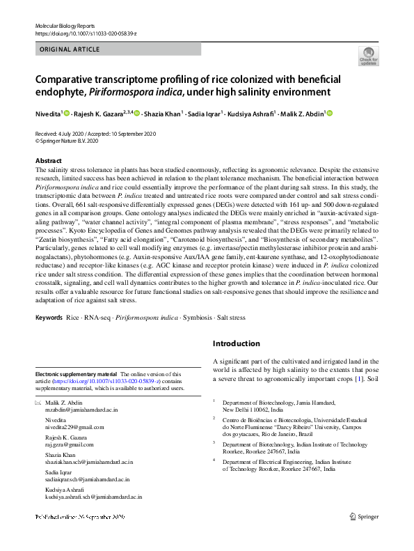 (PDF) Comparative transcriptome profiling of rice colonized with beneficial endophyte ...