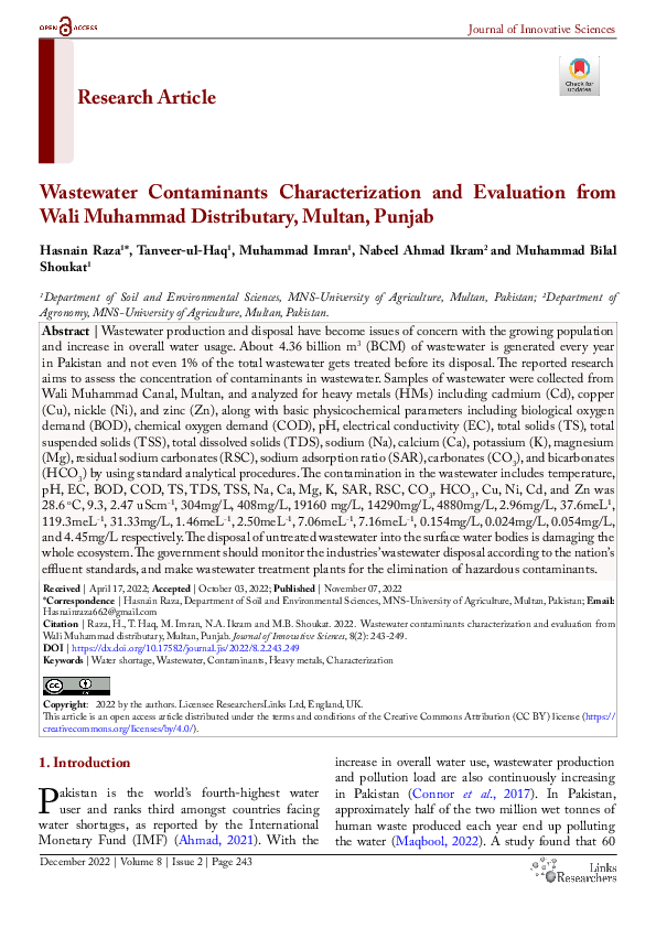 (PDF) Wastewater Contaminants Characterization and Evaluation from Wali Muhammad Distributary ...